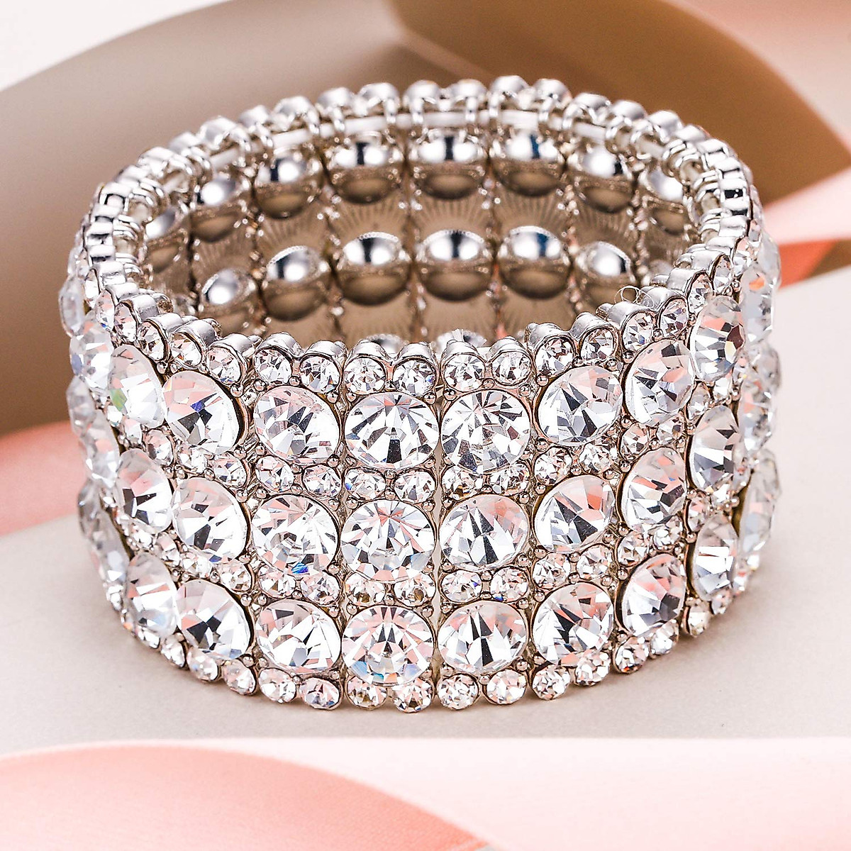 EVER FAITH Women's Austrian Crystal Round Shaped Bridal Elastic Stretch Bracelet Clear Silver-Tone