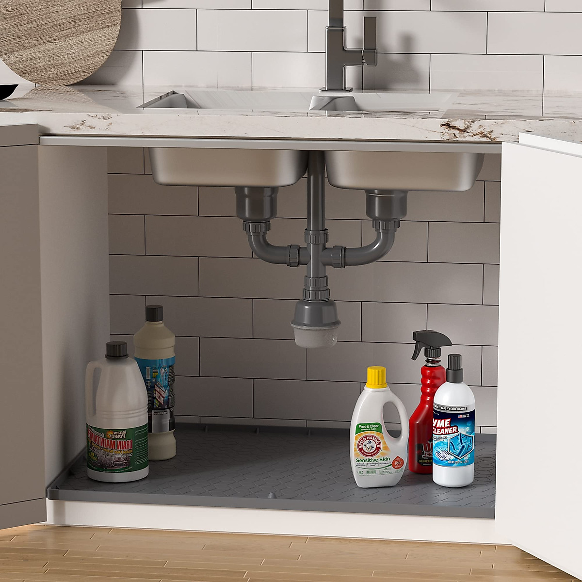 BAIHUI Under Sink Kitchen Cabinet Mat- 34" x 22" Flexible Waterproof Silicone Cabinet Protector & Drip Tray Liner Unique Drain Hole Design- Hold up to 3 Gallons of Liquid