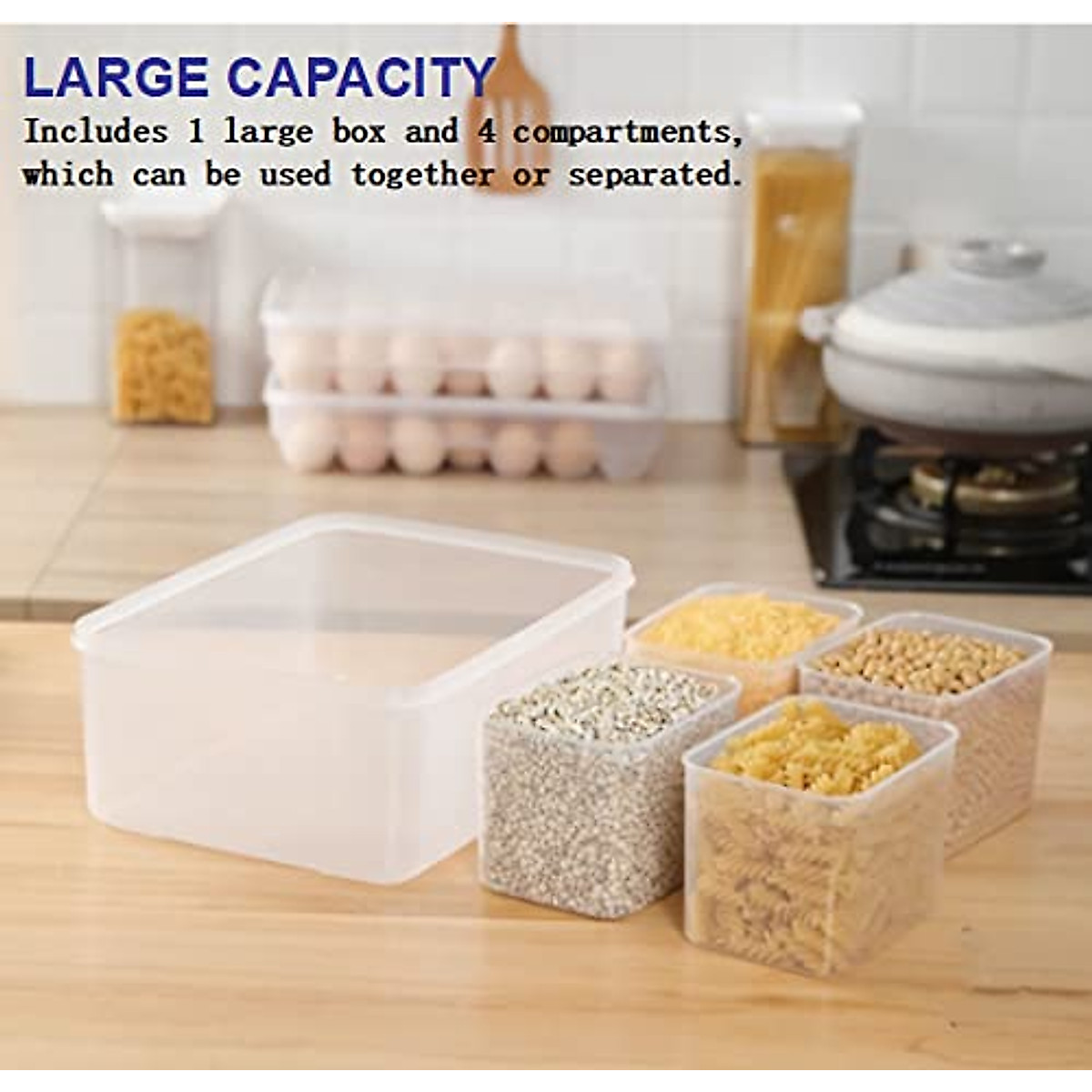 KNC Food Storage Containers with Lids Airtight,Reusable Fresh Produce Fruit Storage Organizer, Refrigerator Food Fresh Box with 4 detachable small boxes for Storing Fish, Meat, Vegetables,Grain