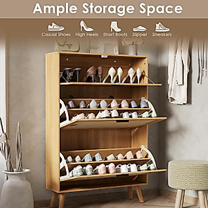 Buytime Natural Rattan Shoe Cabinet, Entryway Shoe Cabinet with 2 Flip Drawers and Hidden Cabinet, Boho Shoe Organizer Cabinet, Wooden Shoe Storage Cabinet for Entrance, Hallyway, Natural