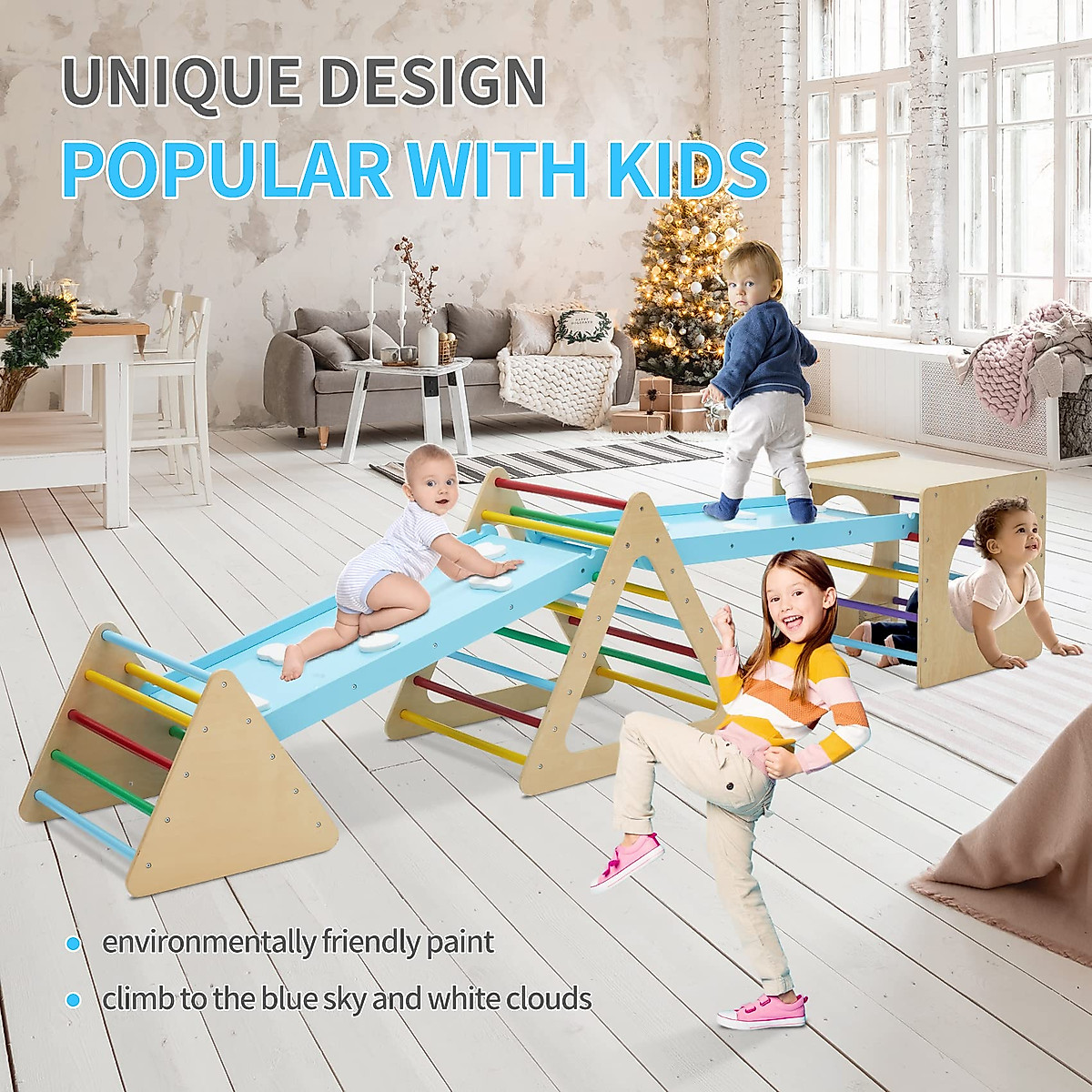 Set of 5 Wooden Triangle Climbing Toys Indoor for Toddler, 1 Square and 2 Triangle Climber with 2 Ramp for Climbing Sliding and Walking, 5 in 1 Toddler Play Equipment for Indoor Playground Play Gym