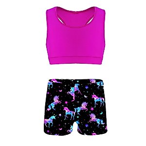Yeeye Girls 2 Pcs Racer Back Top and Shorts Love Dance Sets for Workout Gymnastics Leotard Dancing Dark Night Black 7-8