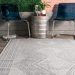 nuLOOM 7x9 Outdoor/Indoor Ranya Tribal Area Rug, Light Grey, Geometric Design, Stain Resistant, Highly Durable, For Patio, Balcony, Bedroom, Dining Room, Living Room, Bathroom