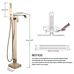 Freestanding Bathtub Faucet Brushed Gold Floor Mount Waterfall Tub Filler High Flow with Hand Shower Solid Brass 360 Degree Swivel Standing Mixer Taps for Bathroom