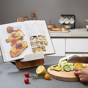 EVERBBKING Cookbook Stand，Acacia Wood Cutting Board Style Cookbook Holder for Kitchen Counter Adjustable iPad Tablet Recipe Book Stand with Marble Base