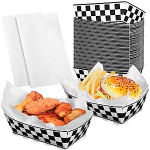 50 Pcs Checkered Paper Food Trays with 50 Deli Liner Disposable Racing Party Food Boat Black and White Plaid Food Serving Tray for Racing Theme Birthday Baby Shower Party Popcorn Nacho Snack Hot Dog