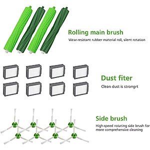 MZY LLC Replacement Parts for iRobot Roomba i7 i7+ i2 i3 i3+ i4 i4+ i6 i6+ i8 i8+/Plus j7 j7+ E5 E6 E7, I, E & J Series Vacuum Cleaner, 2 Set Rubber Brushes, 8 HEPA Filters and 8 Side Brushes