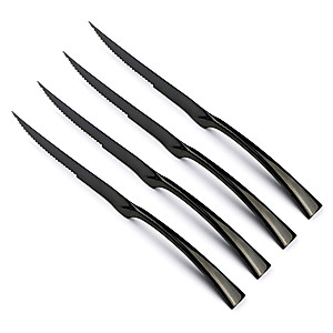 JANKNG 4-Pieces 18/10 Stainless Steel Serrated Sharp Steak Knife Set, Mirror Polishing Black