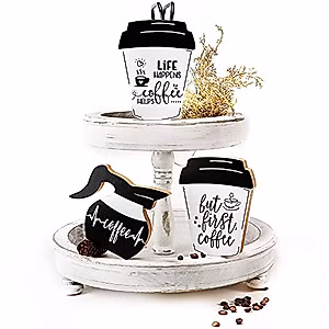 3 Pieces Coffee Bar Decor Signs But First Coffee Wood Plaque Rustic Coffee Bar Tiered Tray Wood Signs Farmhouse Vintage Table Centerpiece Mug Life Coffee Wood Sign for Home Coffee Bar (Cute Style)