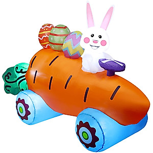 Sancodee 6 FT Long Easter Inflatable Bunny on Carrot Cart with Easter Eggs, Easter Blow up Yard Decorations for Indoor Outdoor Garden Lawn Holiday Party Decor
