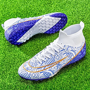 DHOVOR Boys Girls High-Top Soccer Cleats Youth Football Cleats Comfortable Turf Indoor Soccer Shoes for Kids Outdoor/Indoor/Competition/Unisex