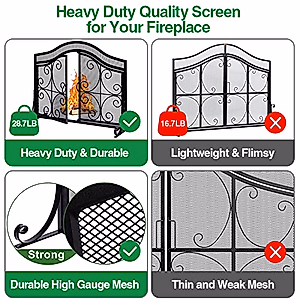 AMAGABELI GARDEN & HOME Fireplace Screen with Doors Large Flat Guard Fire Screens Outdoor Metal Furnace Fireguards Mesh Solid Wrought Iron Fire Place Panels Wood Burning Stove Accessories Black