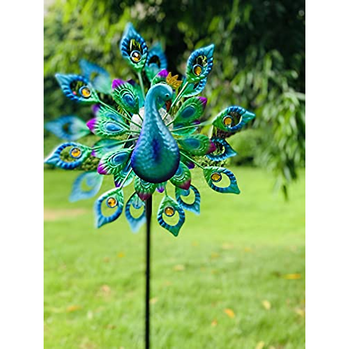 Wind Spinner Outdoor Metal Solar Powered Sculpture Large 15 inch Dia 65 inch Height Kinetic Windmills Peafowl Wind Catcher Glass Ball for Garden Lawn Yard Patio Decoration Vane for Backyar