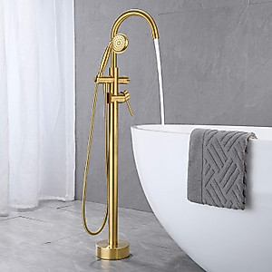 Wowkk Tub Filler Freestanding Bathtub Faucet Brushed Gold Floor Mounted Brass Bathroom Tub Faucets with Hand Shower