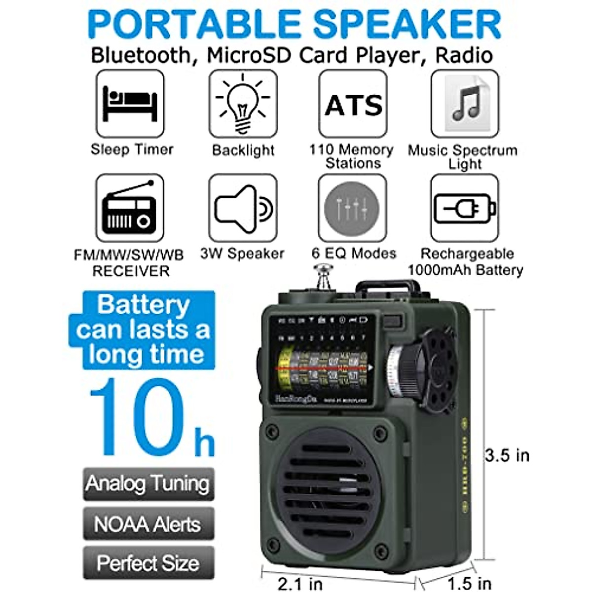 HanRongDa Radio, Bluetooth Speaker Support MicroSD Card, FM MW WB Shortwave Receiver with NOAA Alerts and Sleep Timer, Rechargeable Retro Analog Radios with Backlit and ATS Preset for Camping HRD700