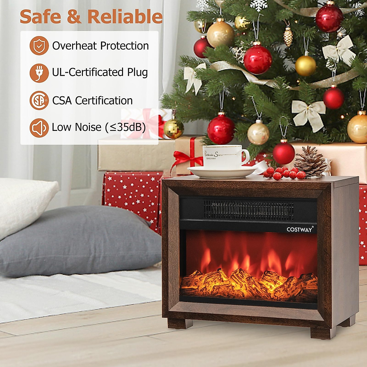 COSTWAY 13 Inch Small Electric Fireplace Heater, Mini Wooden Fireplaces Stove w/Vivid Flame Effect, Overheat Protection, 750W Portable Tabletop Fireplace for Indoor Use, Living Room, Bedroom, Brow
