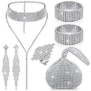 6 Pieces Women Rhinestone Jewelry Set Rhinestone Choker Stretch Bracelets Dangle Earrings Crystal Necklace Ring Rhinestone Handbag for Wedding Party (Silver)