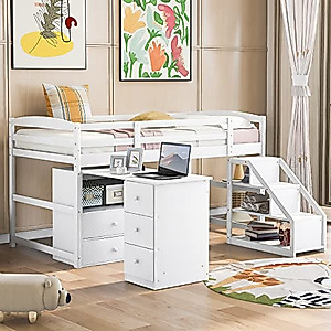 DEYOBED Twin Size Wooden Loft Bed Frame with Movable Desk and Storage Staircase - Elevate Sleep and Organization for Kids and Teens