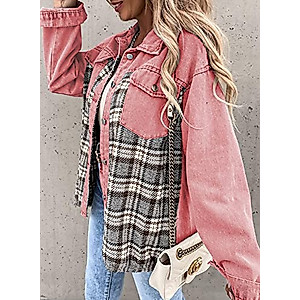 Astylish Women Plaid Boyfriend Jean Jacket Long Sleeve Button Down Oversized Plaid Denim Shacket Jackets Barbie Pink Large