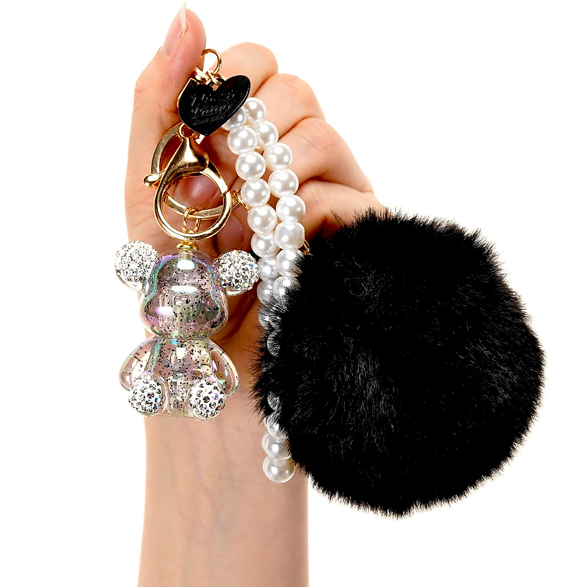 YOU WIZV Teddy Bear Keychain, Cute Bling Keychains for Women and Puff Ball key chains for Car Keys, Backpack, Purse Accessories, Aesthetic Black Pom Pom Keychain