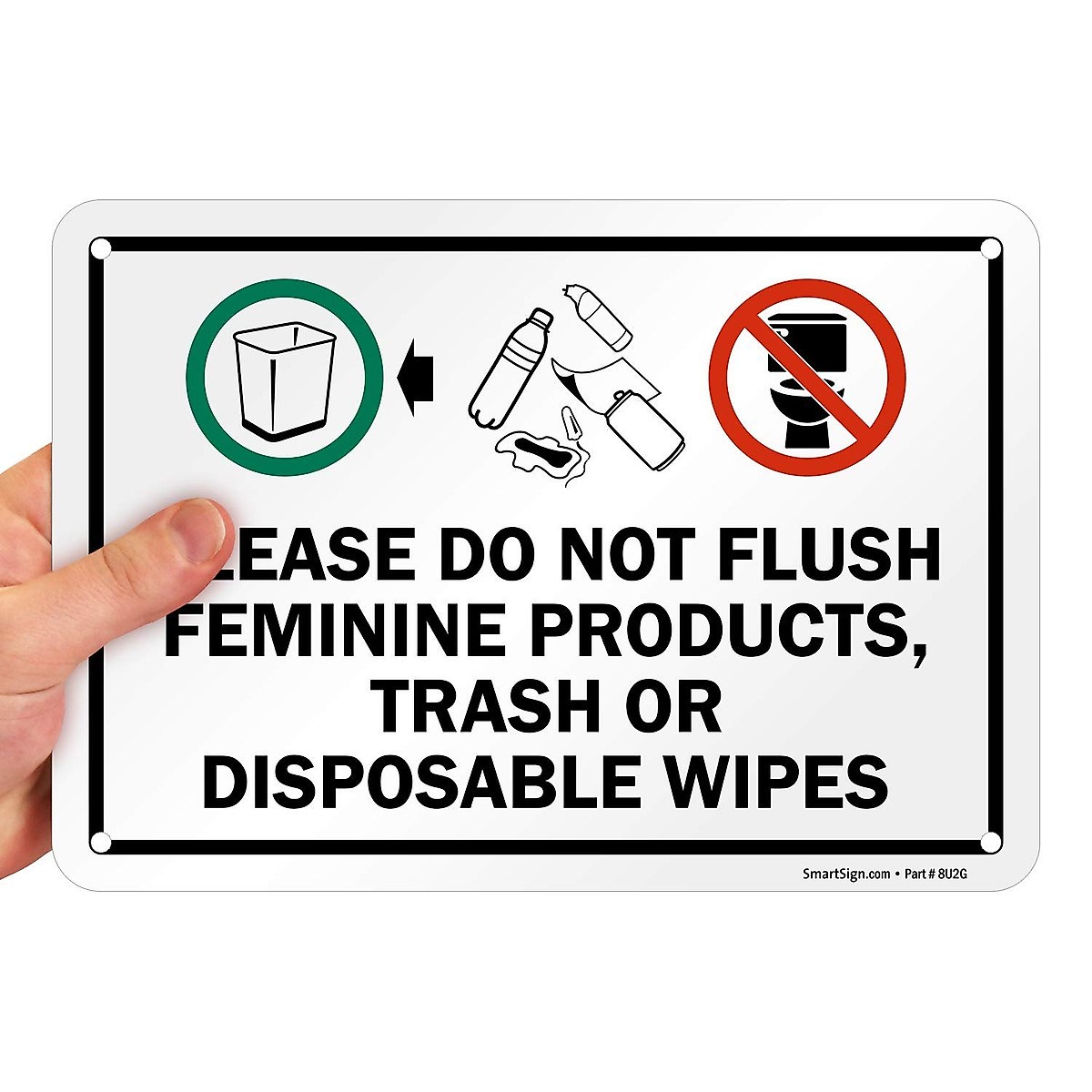 SmartSign 7 x 10 inch “Please Do Not Flush Feminine Products, Trash Or Disposable Wipes” Bathroom Etiquette Sign, 55 mil HDPE Plastic, Multicolor, Made in USA