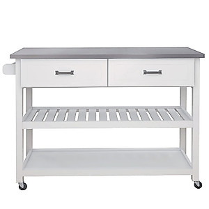 Amposei Kitchen Island 47’’ Stainless Steel Top Rolling Utility Cart on Wheels with Drawers and Storage Shelves (White)