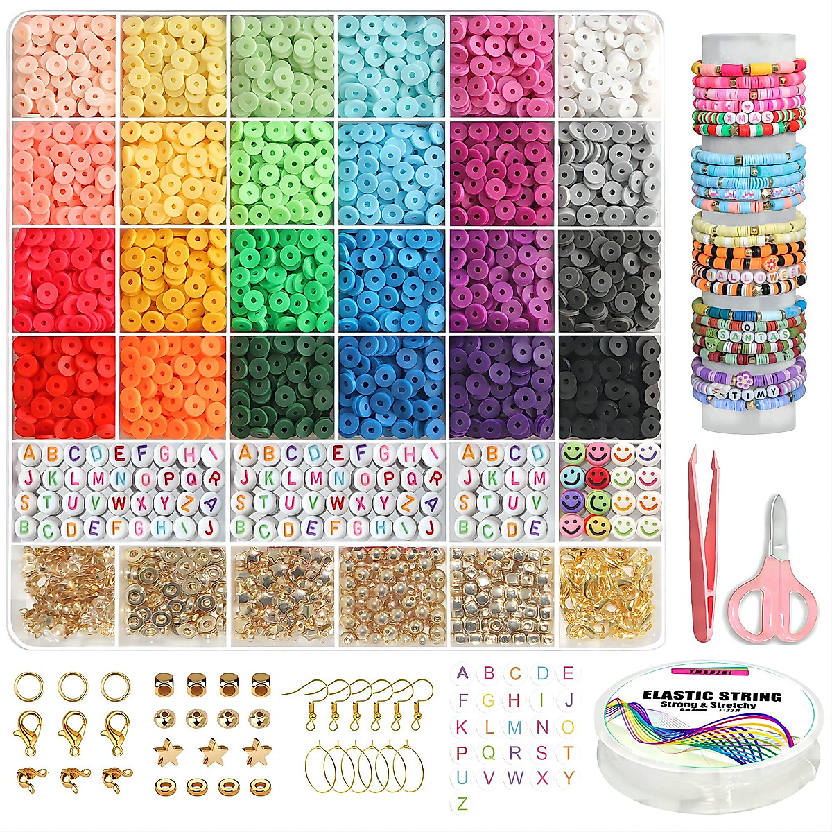 YMSDZHL 6000+PCS Clay Beads Bracelet Making Kit,24 Color DIY Flat Preppy Beads for Friendship Jewelry Making,Polymer Heishi Beads with Charms Gifts for Teen Girls Crafts for 8-12