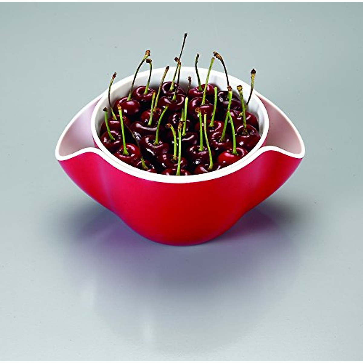 kody Double Dish for Pistachios, Peanuts, Edamame, Cherries, Nuts, Fruits, Candies, Snacks Plastic Serving Dishes and Bowls (Cherry Red)