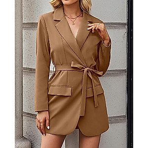 luvamia 2023 Blazers for Women Business Casual Outfits Fashion Dressy Long Suit Jacket Office Belted Blazer Dress Work Womens Blazers for Work Professional Womans Dresses Amber Brown Size 12 Size 14