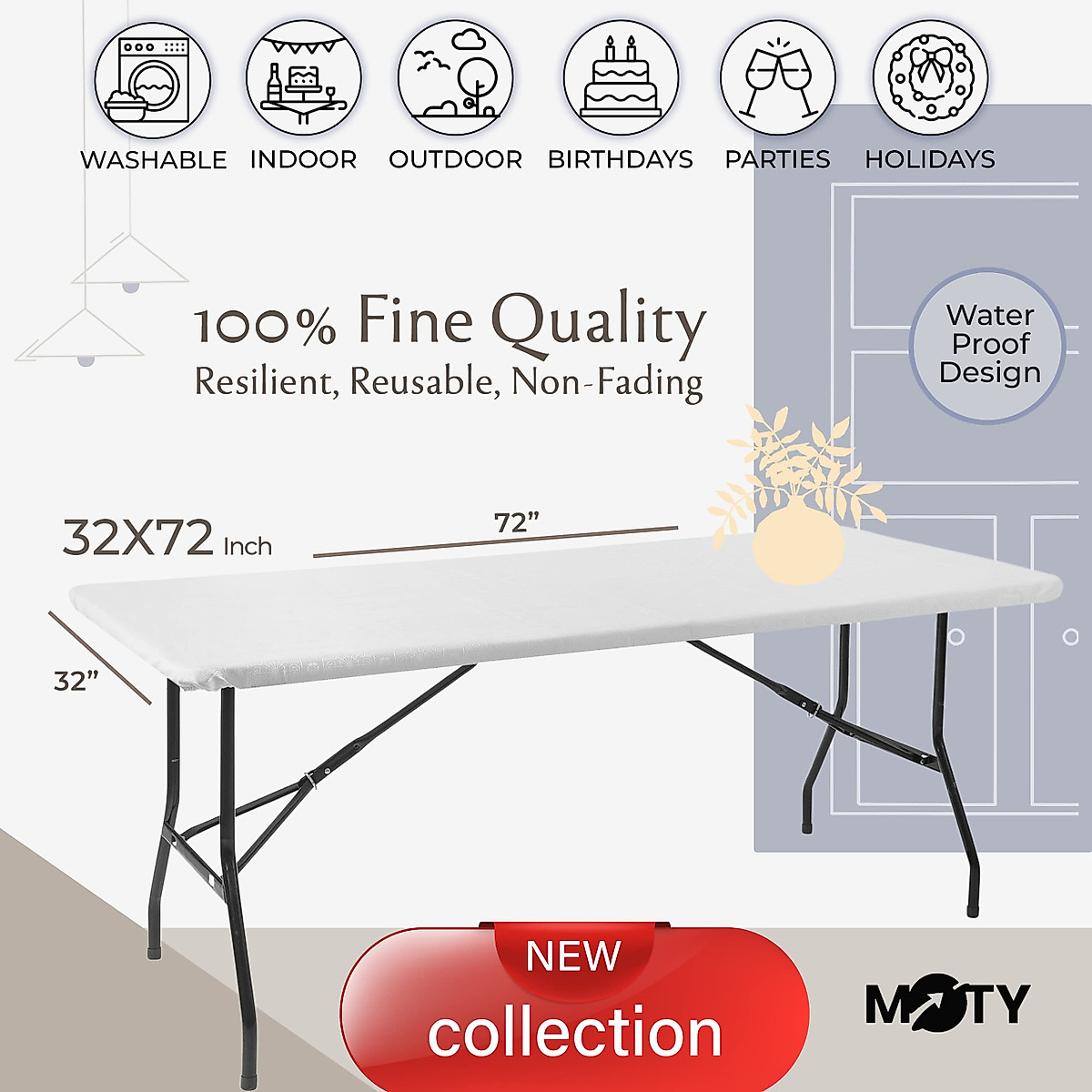 Fitted Rectangle Tablecloth for 6 Foot Tables – Reusable Elastic Edge Table Cover for Folding Banquet Tables – Washable 100% Polyester Fabric with Mitered Corners for Parties and Picnics (32x72 inch)