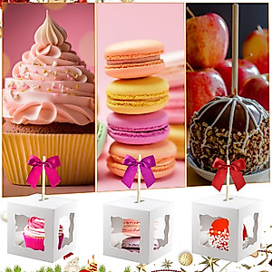 Sliner 100 Sets 4 x 4 x 4 Inch Kraft Candy Apple Boxes with Holes Candy Apple Sticks Caramel Apple Boxes Apple Container Chocolate Apple Gift Box with Clear Window for Autumn Christmas (White)