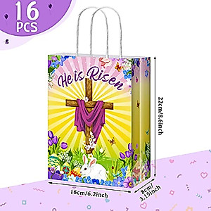 16 Pieces Easter Treat Bags Inspiring He Is Risen Sign Paper Gift Bags Cookie Egg Candy Goody Easter Bags with Double Handles for Easter Theme Bible School Party Favor