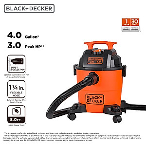 BLACK+DECKER Shop Vacuum Wet and Dry, 4 Gallon 3.0 Peak HP, 3-in-1 Portable Shop Vac with Accessories, Home and Car Vacuum Cleaner(BDXV18301P-4A)