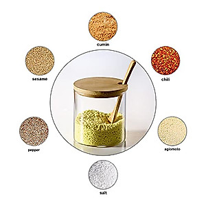 300ML/10Oz Clear Glass Jar with Bamboo Lid and Wooden Spoon, Cute Sugar Bowl Bath Salt Storage Canister Seasoning Container Condiment Pot with Scoop for Spice, Pepper for Kitchen, Table, Countertop