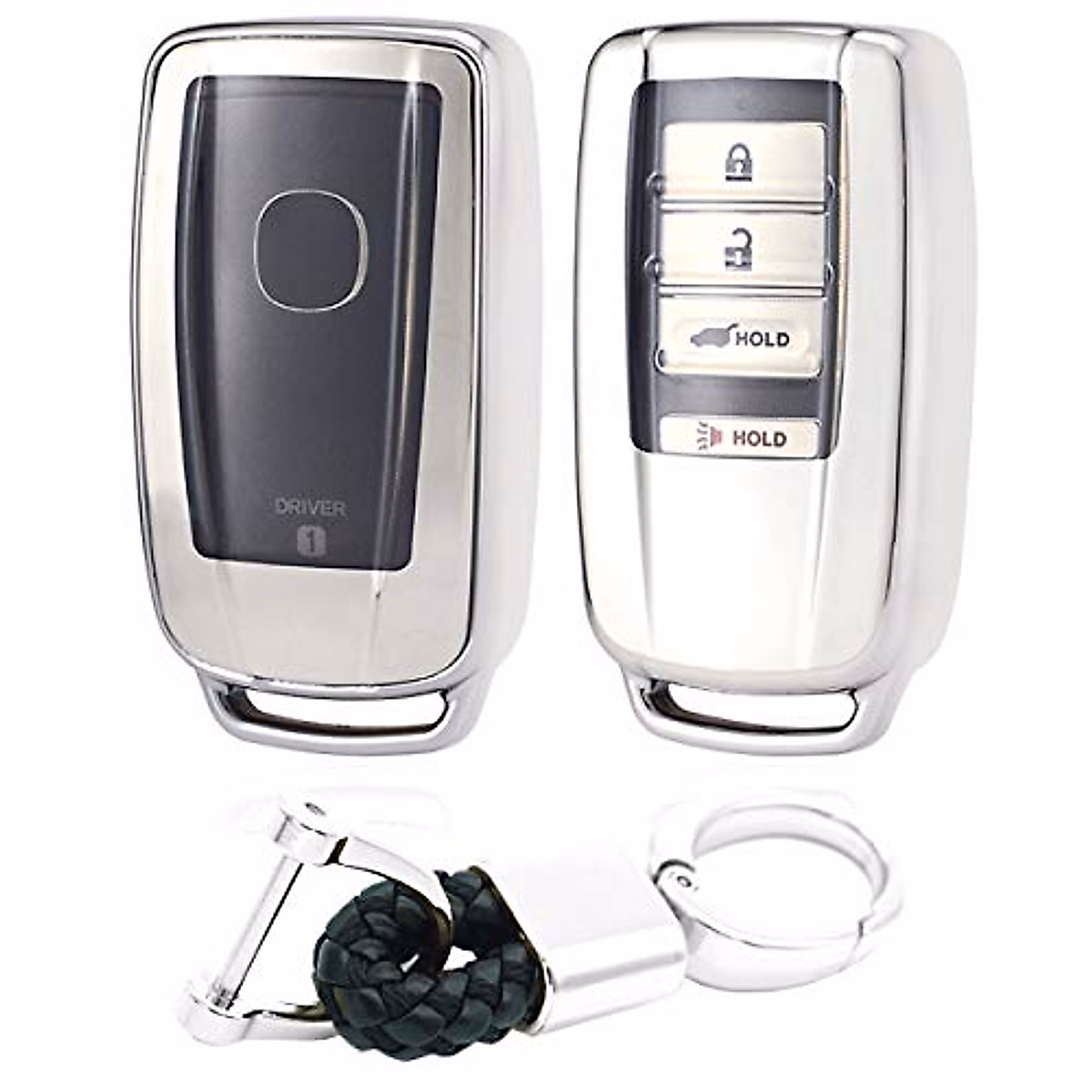 Royalfox(TM) Luxury 2 3 4 Buttons Soft TPU Smart Remote Key Fob case Cover for Acura RLX RDX MDX ILX TLX PLX NSX,with Bling Key Strap (Silver)