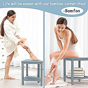 Bamfan Bamboo Corner Shower Bench Waterproof Stool with Space-Efficient Storage Shelf - Shower Stool Seat for Indoor or Outdoor Use(Bluish Grey)