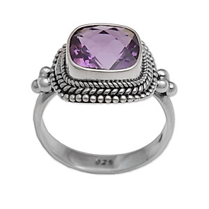 NOVICA Artisan Handmade Amethyst Cocktail Ring Sterling Silver from Bali Purple Single Stone Indonesia Ultra Violet Birthstone [crownbezel 0.6 in H x 0.8 in W x 0.2 in D Band Width 4 mm W] ' Purple