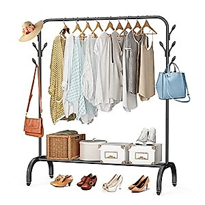 HILI Clothing Garment Rack with Wheels, Metal Clothes Stand Rack with Shoe Storage Rod, Sturdy Steel Frame Coat Rack for Indoor, Laundry, Bedroom(Black) (HY0006)
