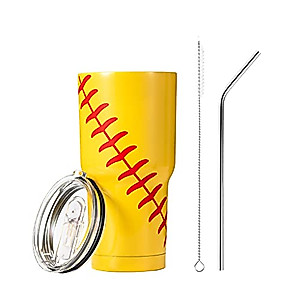 YONGCHI, Akmazousa 30oz Softball Tumbler Stainless Steel Tumblers Insulated Drinking Cups Softball Cup with Lids and Straw ( Softball, 30oz )