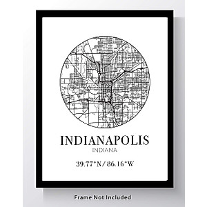 Indianapolis IN City Street Map Wall Art - 11x14 UNFRAMED Modern Abstract Black & White Aerial View Decor Print with Coordinates. Makes a great Indiana -Themed Gift.