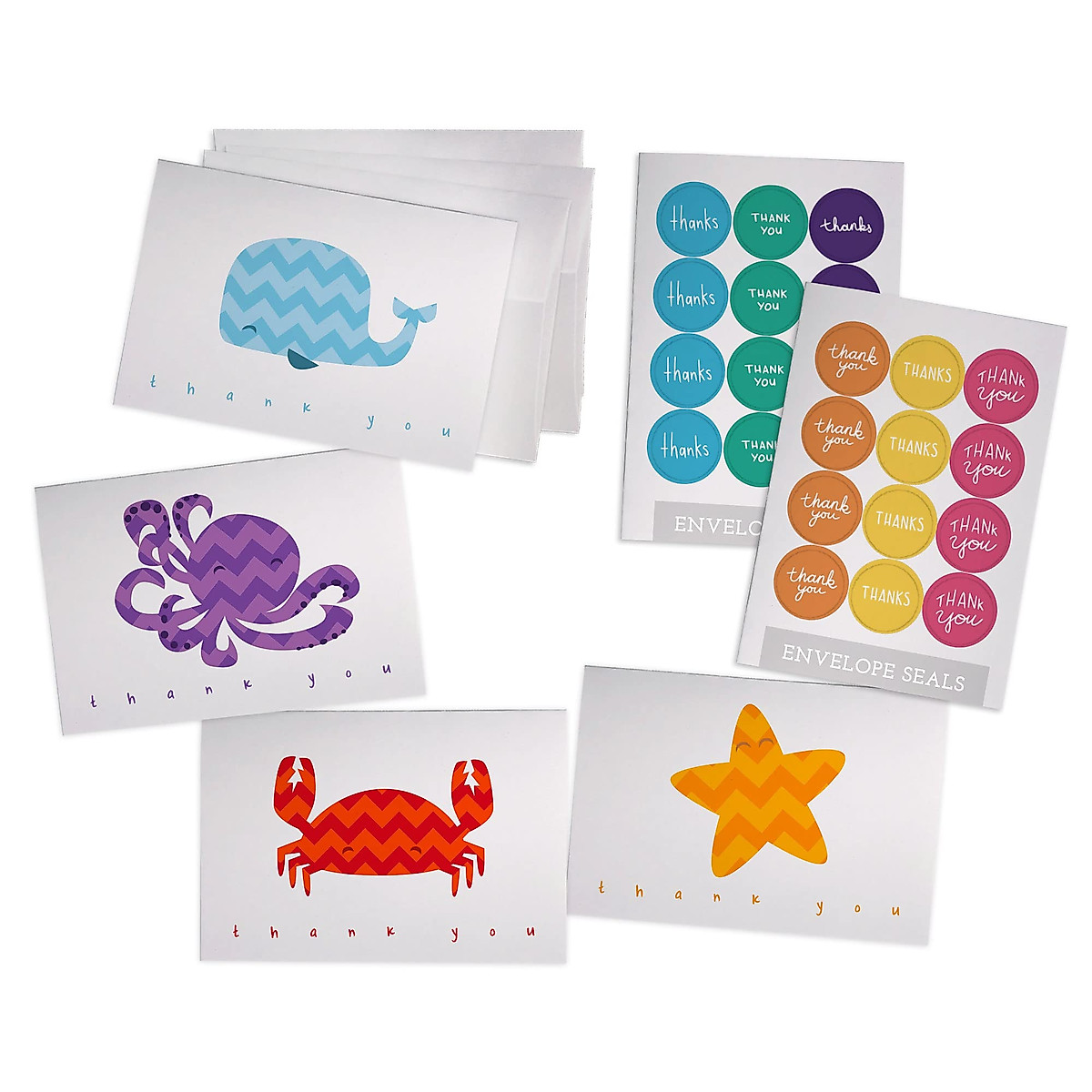 Under The Sea Chevron Animals Thank You Cards Variety Pack - For Baby Showers or Kids - 48 Cards with Envelopes and Colorful Sticker Seals