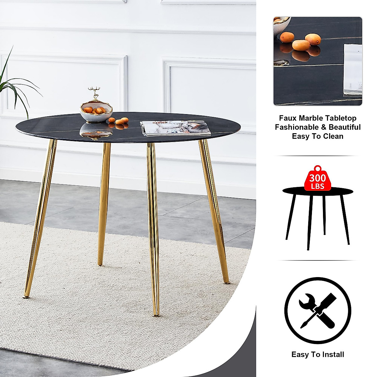 OUYESSIR 40'' Round Dining Table, Imitation Marble Craft Glass Kitchen Table with Black Metal Legs, Small Modern Table for Dining Room, Kitchen, Living Room, Cafe, Office