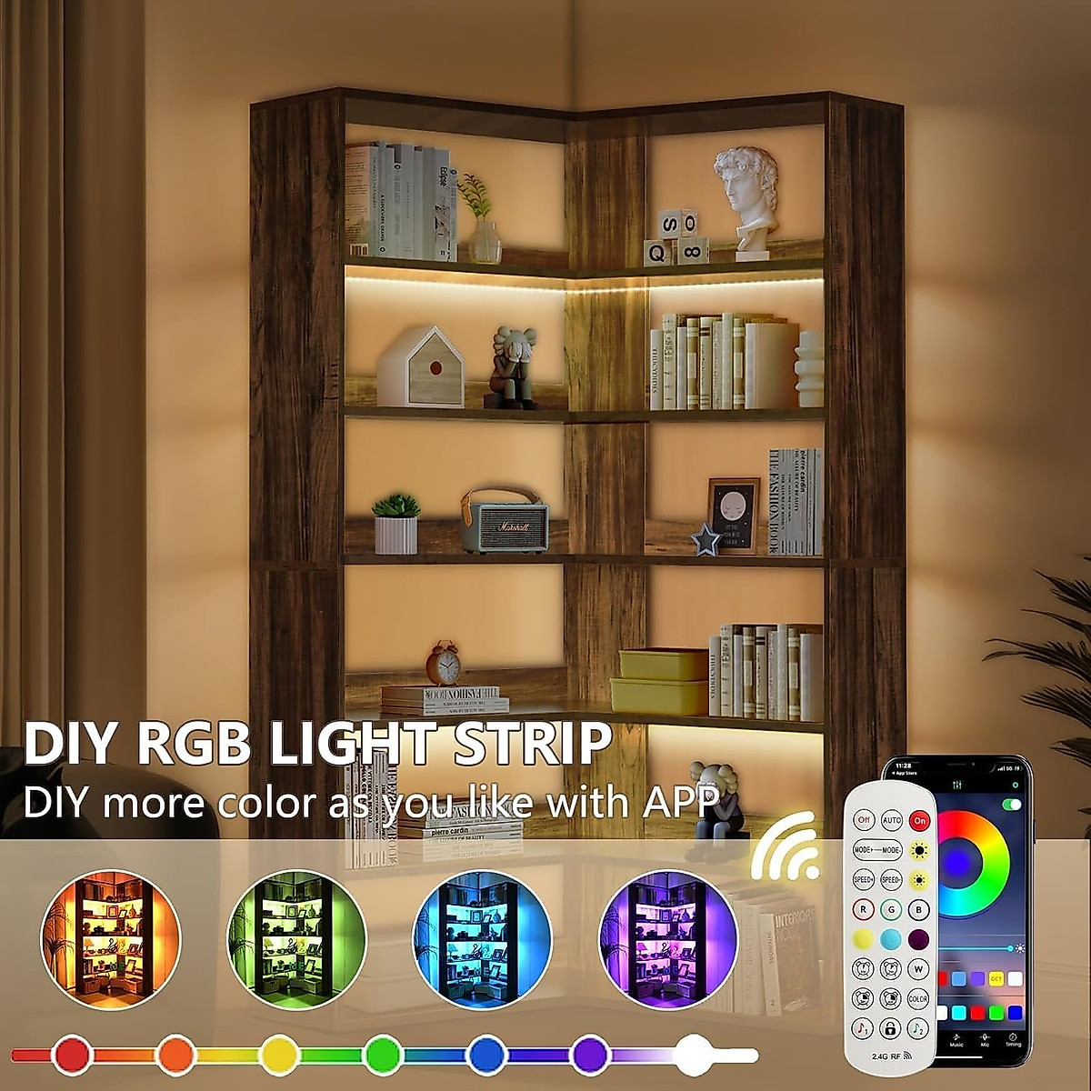 4 EVER WINNER Corner Bookshelf with LED Light, 7 Tiers Wooden Large Corner Bookcase, 71" Tall Corner Etagere Bookcase Book Shelf Display Rack for Home Office Living Room