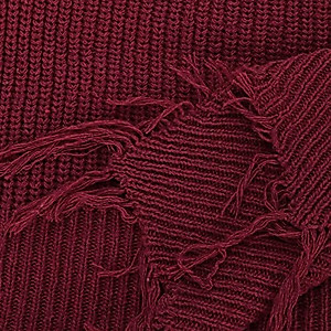 Womens V Neck Knit Sweater Long Sleeve Ripped Pullover Loose Fit Warm Knitted Jumper Crop Tops Sweaters Wine