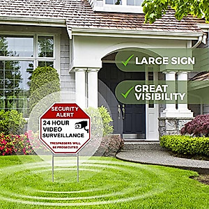 2PC 24 Hour Video Surveillance Sign with Stakes, 13"x13" - Corrugated Plastic - No Trespassing Signs for Home Outdoor Yard - Private Property Security Camera Alert Warning