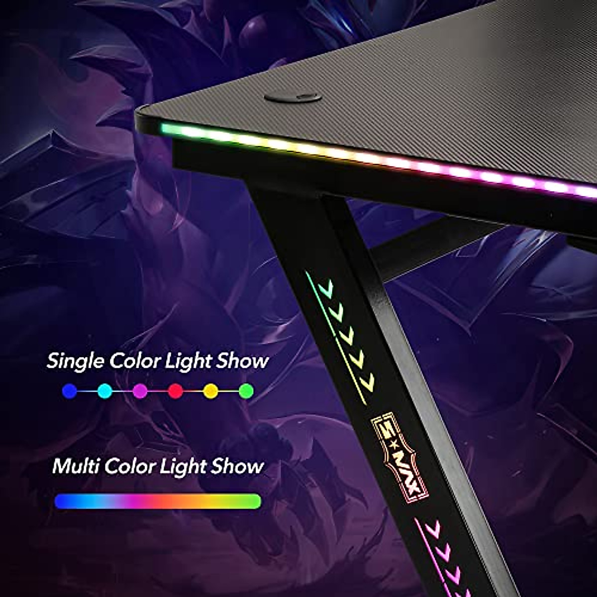 S*MAX Gaming Desk with LED Lights Real RGB Leg Led Gaming Desk Wireless Charging & USB Pad Carbon Fiber Finish Large Z Shaped Gaming Table 47 Inch Cup Holder Headphone Hook Home Gaming Desk Black