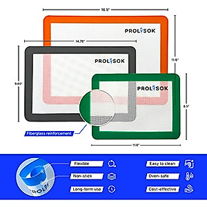 PROLISOK Silicone Baking Mat Pack of 3 – Non-stick Reusable Baking Liners – Food Grade Safe Oven Mats for Cookies, Macarons & Pastry – Half Sheet, Jelly Roll & Quarter Flexible Cooking Mats