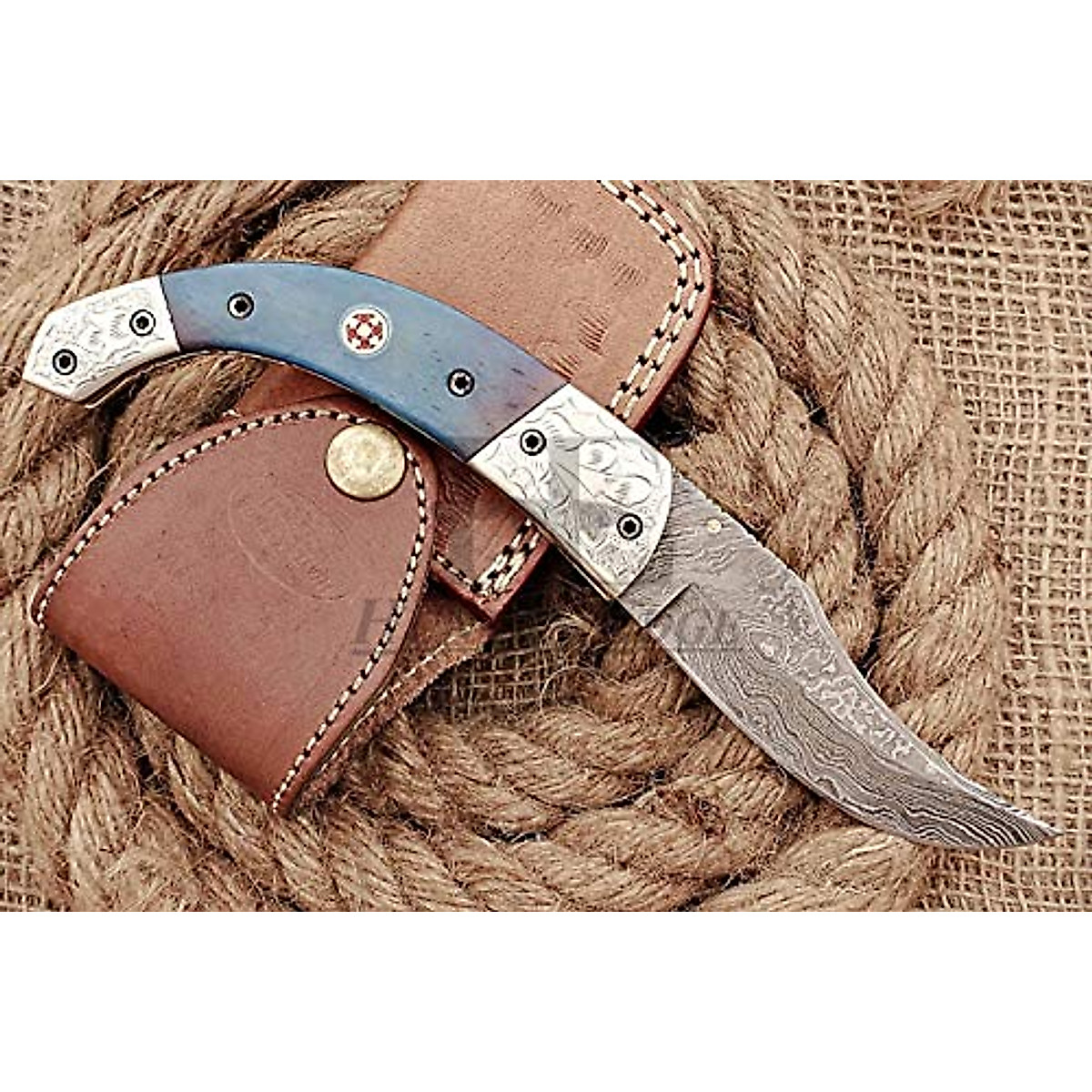 HUNTEX Custom Handmade Hand-Forged Twist Pattern Damascus Steel 4 Inch Long Natural Tinted Camel Bone Handle Razor Sharp Hunting Camping Folding Pocket Trailing Knife with Genuine Leather Pouch