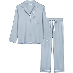 Joyaria Ladies Winter Button Down/Up Pajama/Pj Set Long Sleeve Long Pants(Dusty Blue, Medium)