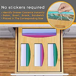 ARSHOPHIVE Bag Storage Organizer for Kitchen Drawer, Bamboo Organizer, Compatible with Gallon, Quart, Sandwich and Snack Variety Size Bag (1 Box 4 Slots) (Natural)